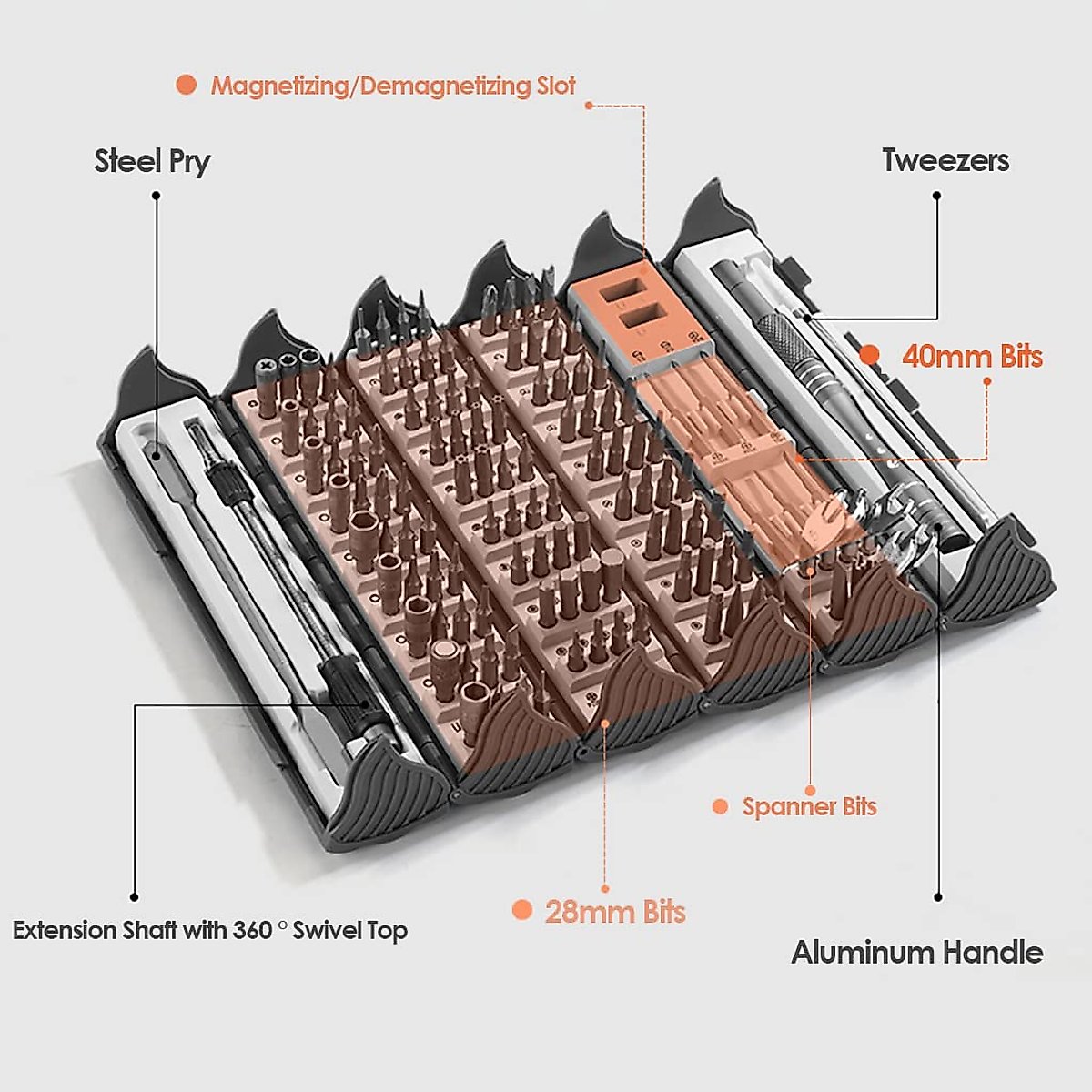 Precision Screwdriver Set Cylinder Organizing Case 128pcs in 1 Case S2 Alloy Steel HRC 56 Hardness Bits Space-saving Roll-up Case Professional Toolset Magnetizing Bit Heads for most sizes (9906)