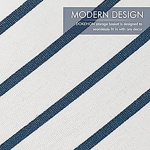 DOKEHOM 17.7-Inches Freestanding Laundry Basket with Lid, Collapsible Large Drawstring Clothes Hamper Storage with Leather Handle (Blue Stripe, M)