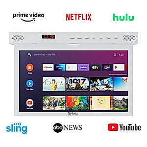SYLVOX 15.6" Kitchen Smart TV Flap Down Screen TV Google TV Supports LED Clock Alarm Clock WiFi & Wireless Connection, Storage Design, can be Installed in The Bottom of The Cabinet (KT16A0KGGA)