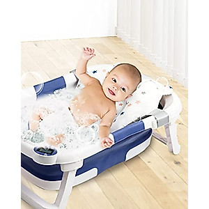 NAPEI Collapsible Baby Bathtub,Baby Bath Tub with Soft Cushion & Thermometer,Portable Travel Bathtub with Drain Hole,Durable Baby Bathtub Newborn to Toddler 0-36 Months(Blue+ Floating Soft Cushion)