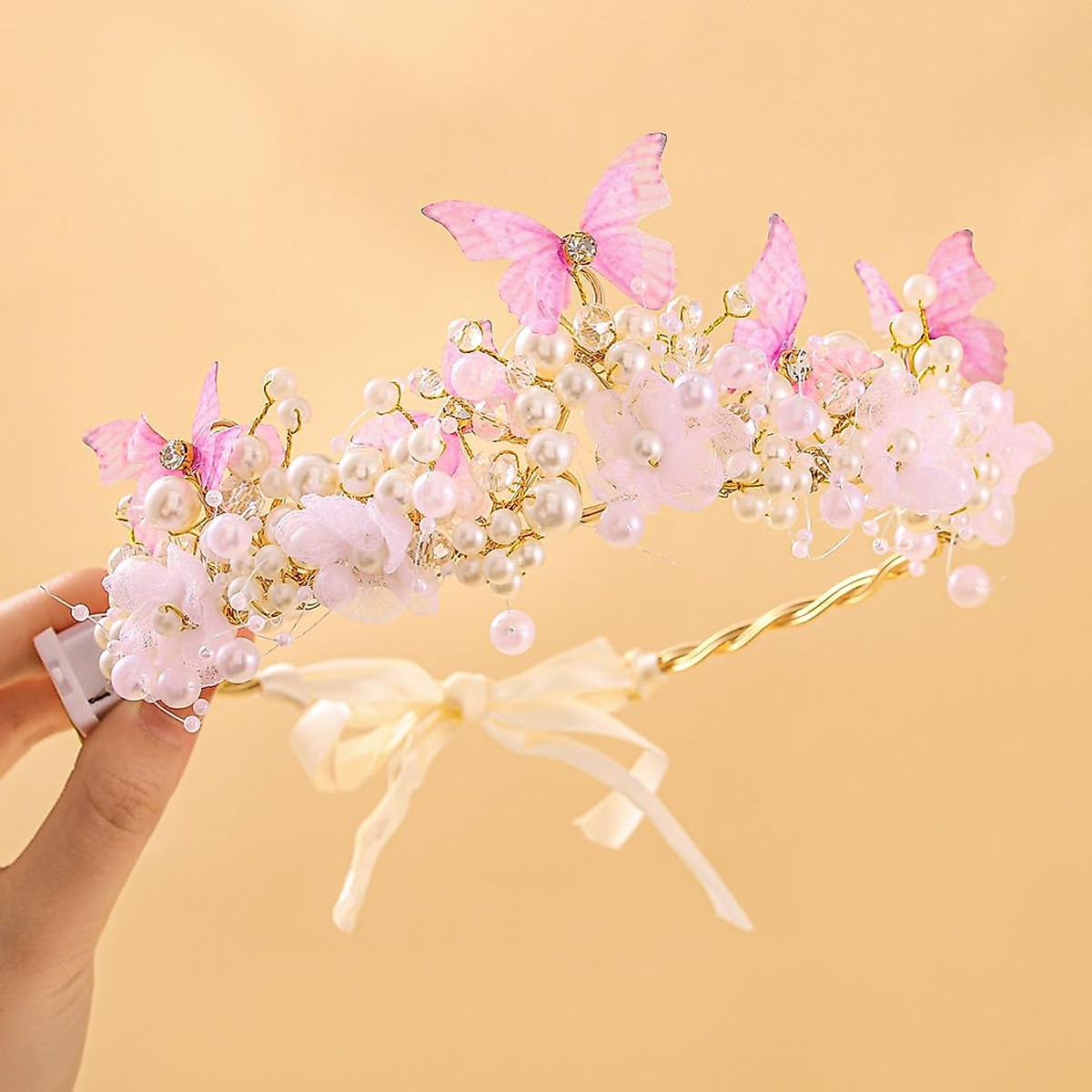 Yean Light up Butterfly Fairy Headband Pearl Princess Tiara LED Crystal Festival Hair Accessories for Women and Girls