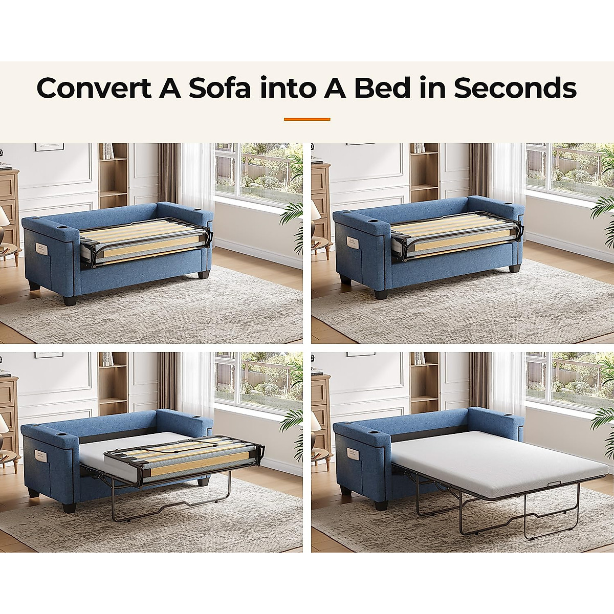 Fadware Pull Out Sofa Bed, Twin Size Sleeper Sofa Couch with Memory Foam Mattress, 2 in 1 Convertible Pullout Couch Bed with USB Charging Ports for Compact Living Space, Apartment, Office, Blue
