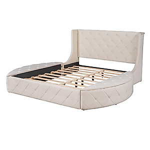 Velvet Upholstered Queen Platform Bed with Storage, Queen Size Bed Frame with Headboard, 1 Big Drawer and 2 Side Storage Stool, Strong Wooden Slats/Easy Assembly/Beige