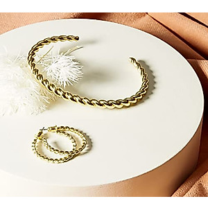 PAVOI Rhodium Plated Twisted Chunky Bangle Bracelet | 14K Gold Plated | Lightweight Everyday Jewelry (7, White Gold)