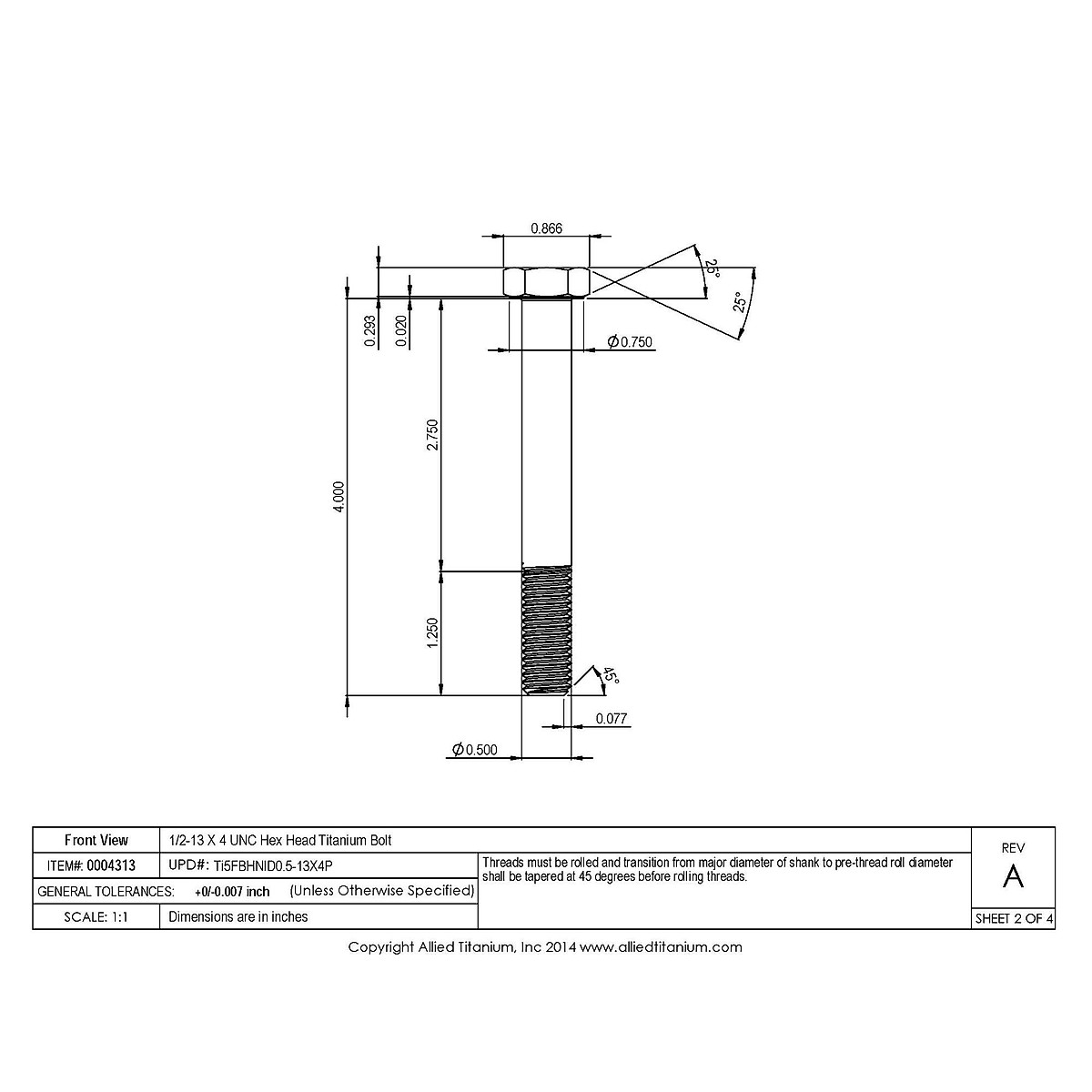 Allied Titanium 0004313, (Pack of 2) 1/2-13 X 4 UNC Titanium Hex Head Bolt, Grade 5 (Ti-6Al-4V)