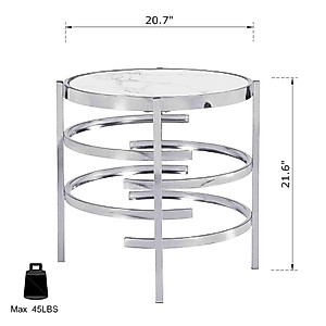 Round End Table Marble Stone Living Room Table Silver Modern Small Coffee Table Sofa Side Table, Silver Chrome Metal Frame, Furniture for Home Office (end table, Silver)