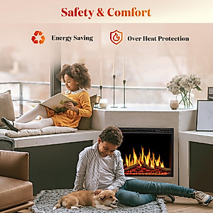 Rintuf Electric Fireplace,34" Fireplace Insert with Touch Screen, Quick Heating, Overheating Protection with Timer, Remote, Customed Display: 5 Flame Speed & 5 Color & 5 Brightness, 750/1500W, Black