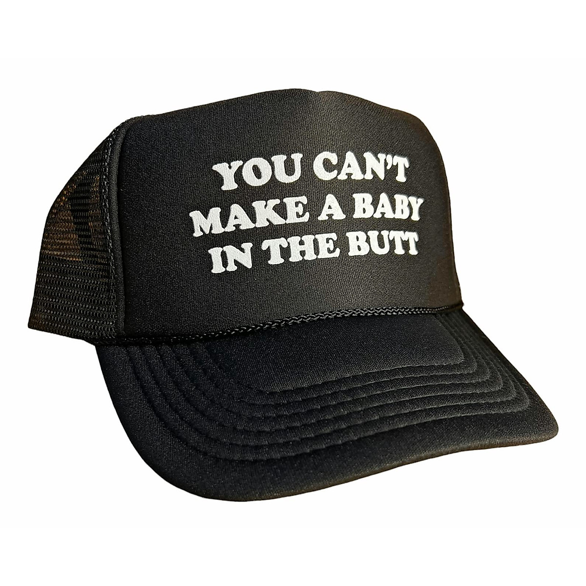 You Can't Make A Baby in The Butt Snapback Trucker Hat for Men or Women, Vintage Fit with Funny Novelty Graphic, Custom Mesh Cap Black