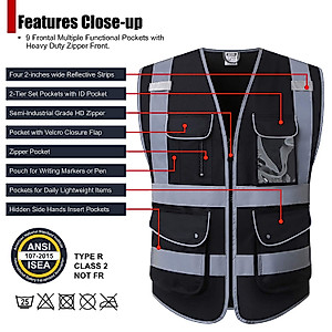 HATAUNKI Class 2 Retro-Reflection Safety Vests 9 Pockets and Front Zipper ANSI/ISEA 107-2015 (Black-03, Small)