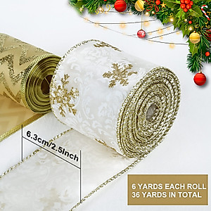 Arquiel 6 Rolls Christmas Ribbon Wired, 2.5" x 6 Yards Gold Ribbons Ornaments with Glitter for Xmas Tree Gift Wrapping Bow Decoration, White & Gold Ribbons