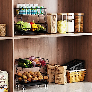 Onion and Potato Storage, Packism 4 Tier Fruit Vegetable Storage Basket with Protective Mats, Rolling Cart Vegetable Storage with Lockable Wheels for Kitchen, Bathroom, Pantry - Black