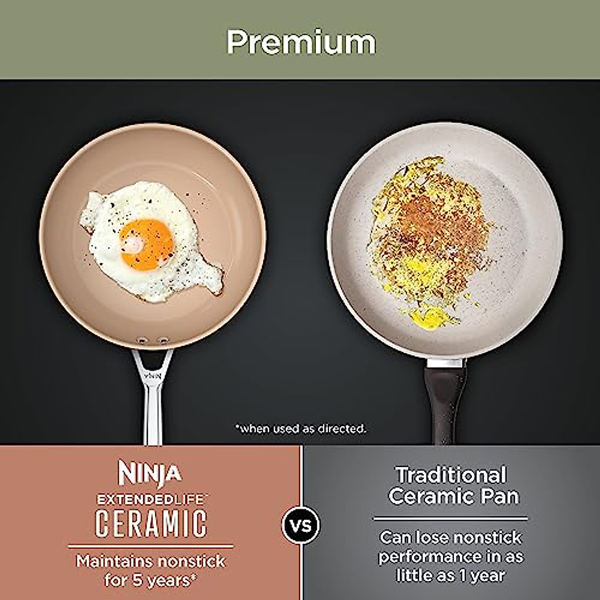 Ninja CW99009 Extended Life Premium Ceramic Cookware Set, Nonstick Fry Pans, PFAS Free, Healthy Cooking, Oven Safe to 550°F, Dishwasher Safe, All Stovetops & Induction Compatible, Dark Grey, 6 Piece