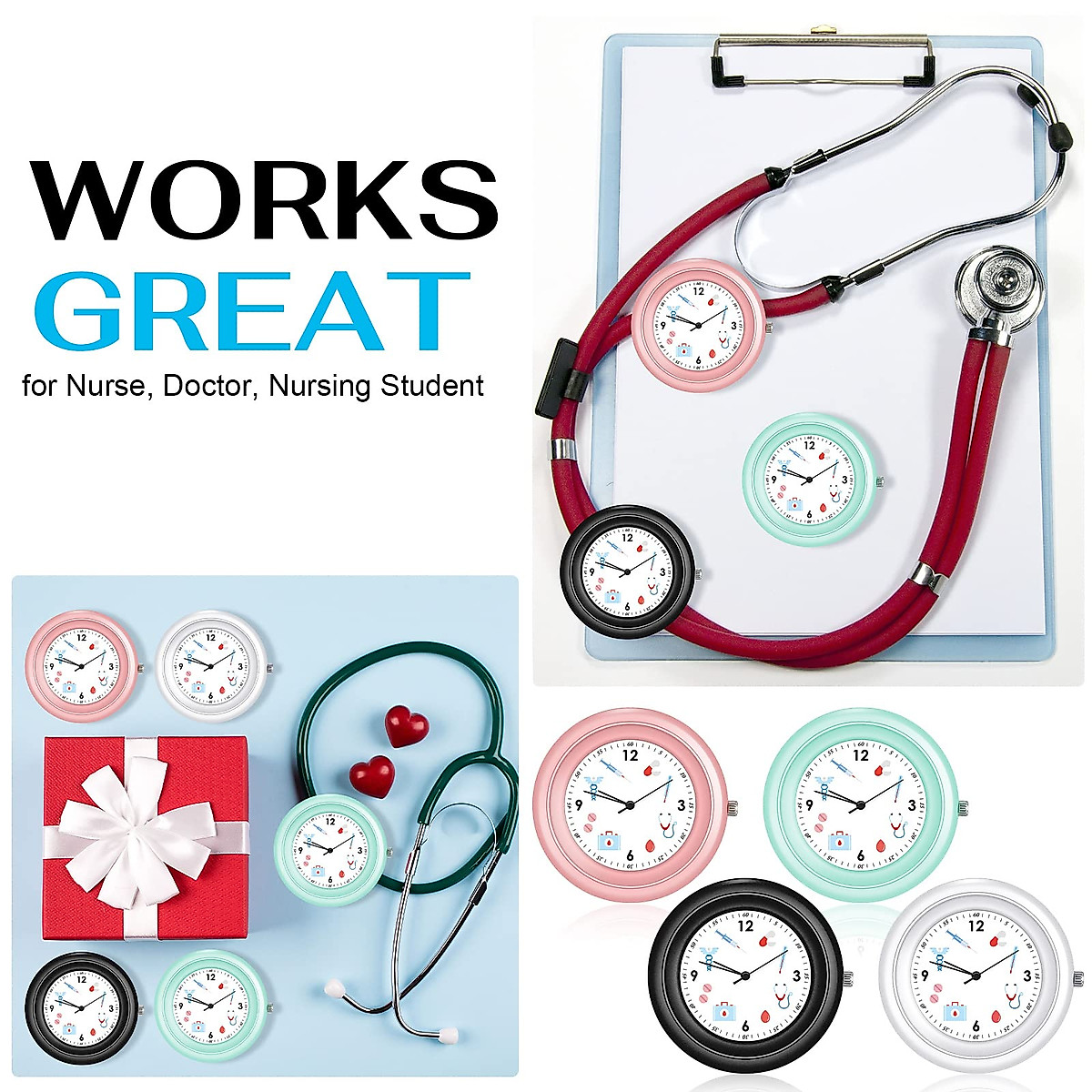 Janmercy 4 Pcs Stethoscope Watch with Medical Symbols for Doctor Clinic Staff Tunic Nurses Stethoscope Clock Watches Clip on Watch Lightweight Frame Nursing Stethoscope Accessories