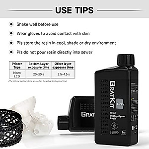 GratKit 8K Rigid Resin, 3D Printer 405nm UV-Curing Photopolymer Resin, High Precision Low Odor 3D Printing Resin - 1000g，Gray