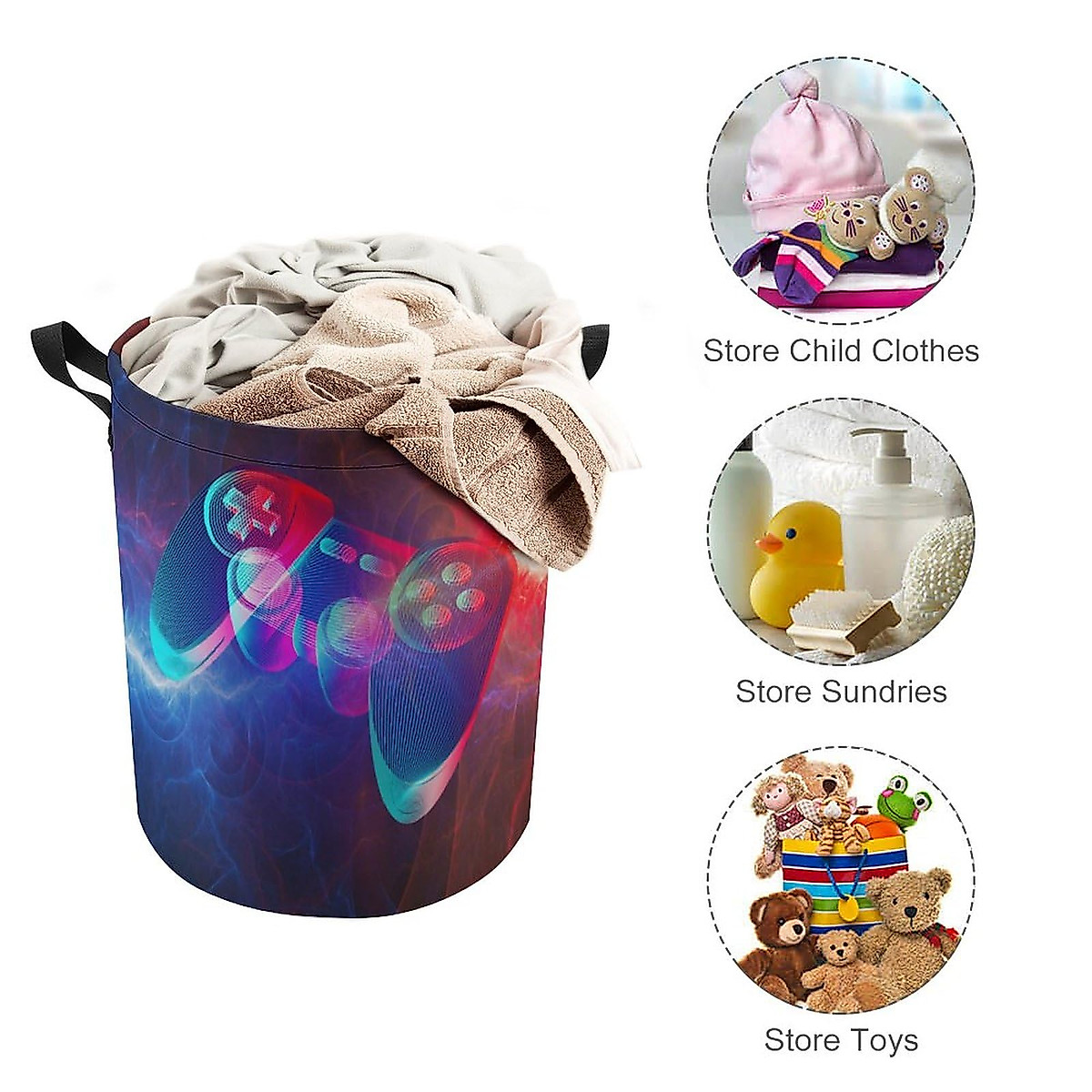Boys Gamepad Waterproof Oxford Cloth Laundry Basket Abstract Gaming Controller Gamer Video Pattern for Blanket Toys Dirty Clothes in Living Room Bathroom Bedroom One Size