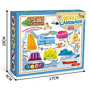 Yiqis Dough and Play Sand & Air Dry Clay Molding Toys and Tools Kits Sets for Kids Ages 4-8,18PCS, Includes 8 World Landmarks Building Molds,2 Cutter Tools,8 Dough Colors