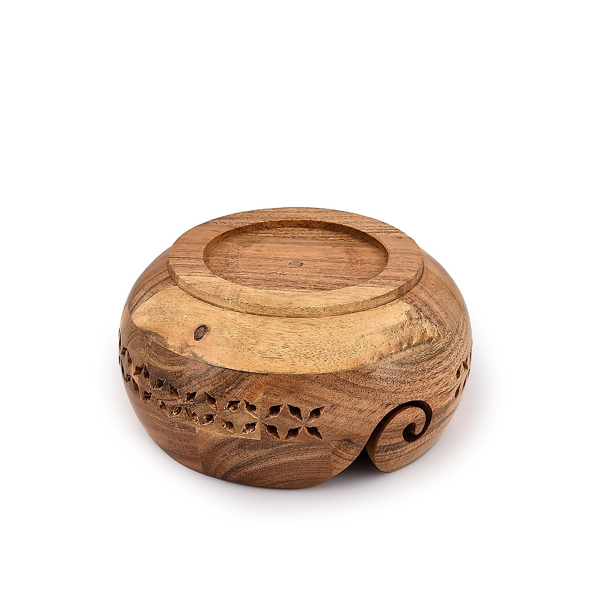 SAMHITA Acacia Wood Yarn Bowl Holder |Handmade Crocheting Accessories and Supplies Organizer (7" x 7" x 4")