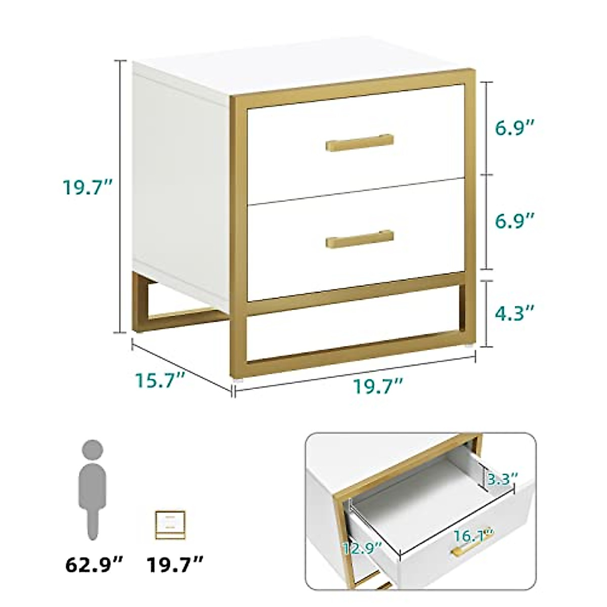 YITAHOME Nightstand with 2 Drawers, Small End Side Table with Storage, Modern Bedside Bed Table with Metal Frame for Small Space, Bedroom and Living Room, White