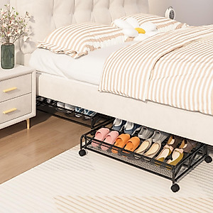 KOSIWU Under Bed Shoe Storage with Wheels, 2 Pack Rolling Under Bed Storage Containers for Shoes Metal Shoe Rack Organizer Bedroom Organization
