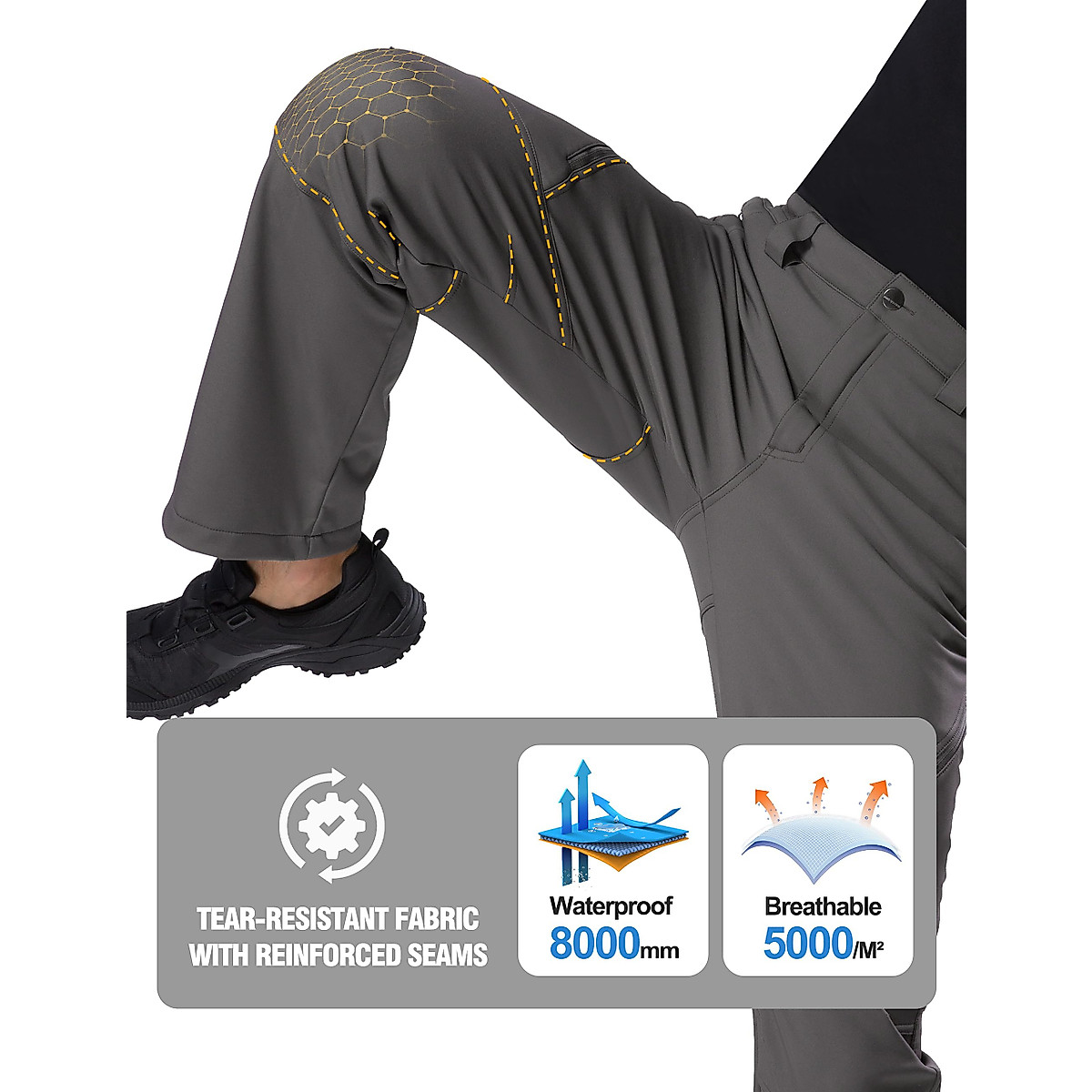 FREE SOLDIER Men's Fleece Lined Outdoor Cargo Hiking Pants Water Repellent Softshell Snow Ski Pants with Zipper Pockets (Gray 36W x 30L)