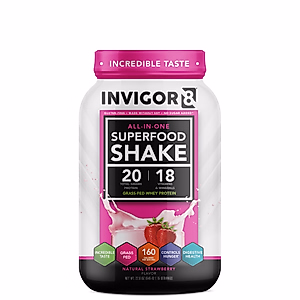 INVIGOR8 Superfood Grass Fed Whey Protein Isolate Shake Natural Strawberry Gluten-Free and Non GMO Meal Replacement with Probiotics and Omega 3 (645g)