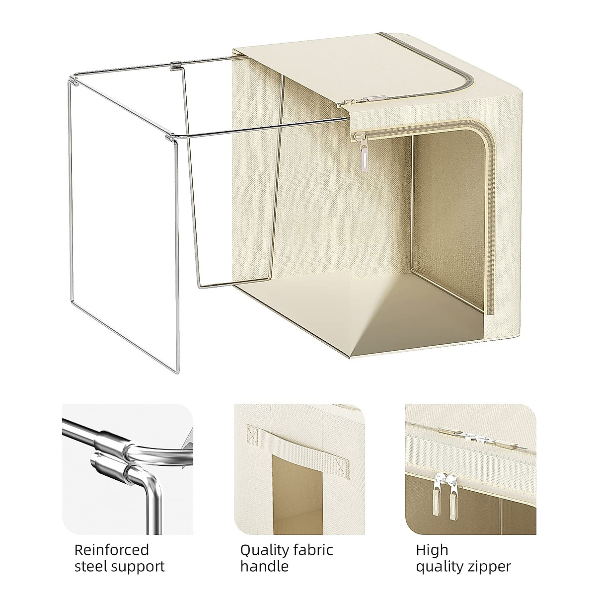 RTONAO 2 Pack Stackable Storage Bins - Foldable Metal Frame Storage Boxes for Clothes Double Zipper Fabric Box Organizer Set with Carrying Handles and Clear Window (100L, Beige)