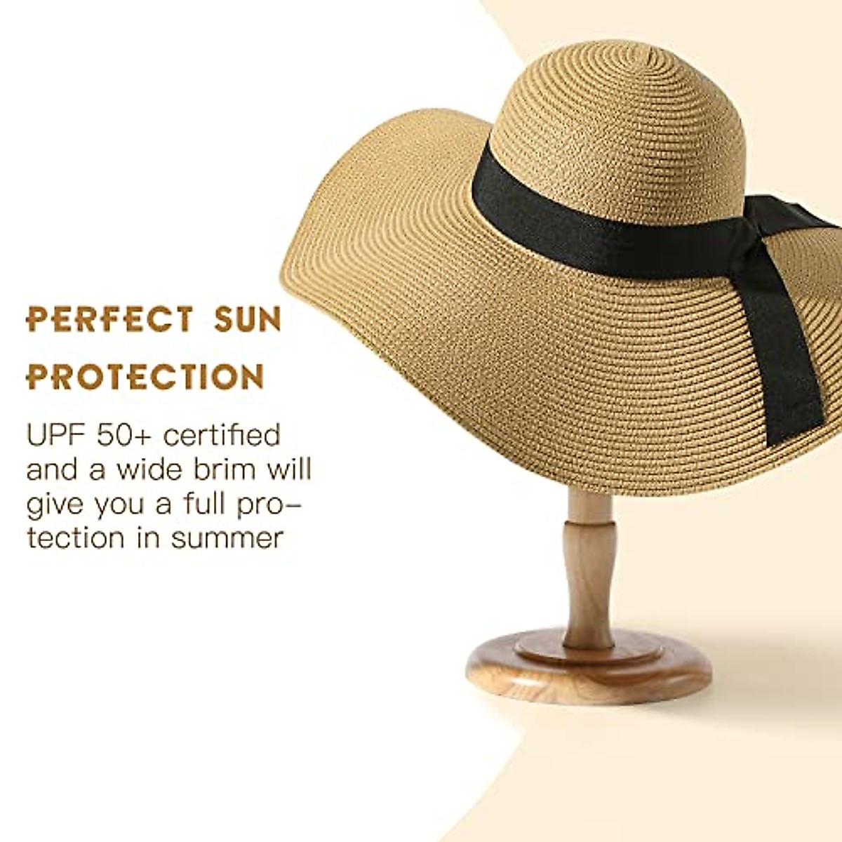 Womens Beach Sun Straw Hat - UV Protection UPF 50+ Sun Hats for Women with Wide Brim, Foldable Floppy Straw Beach Hat for Women