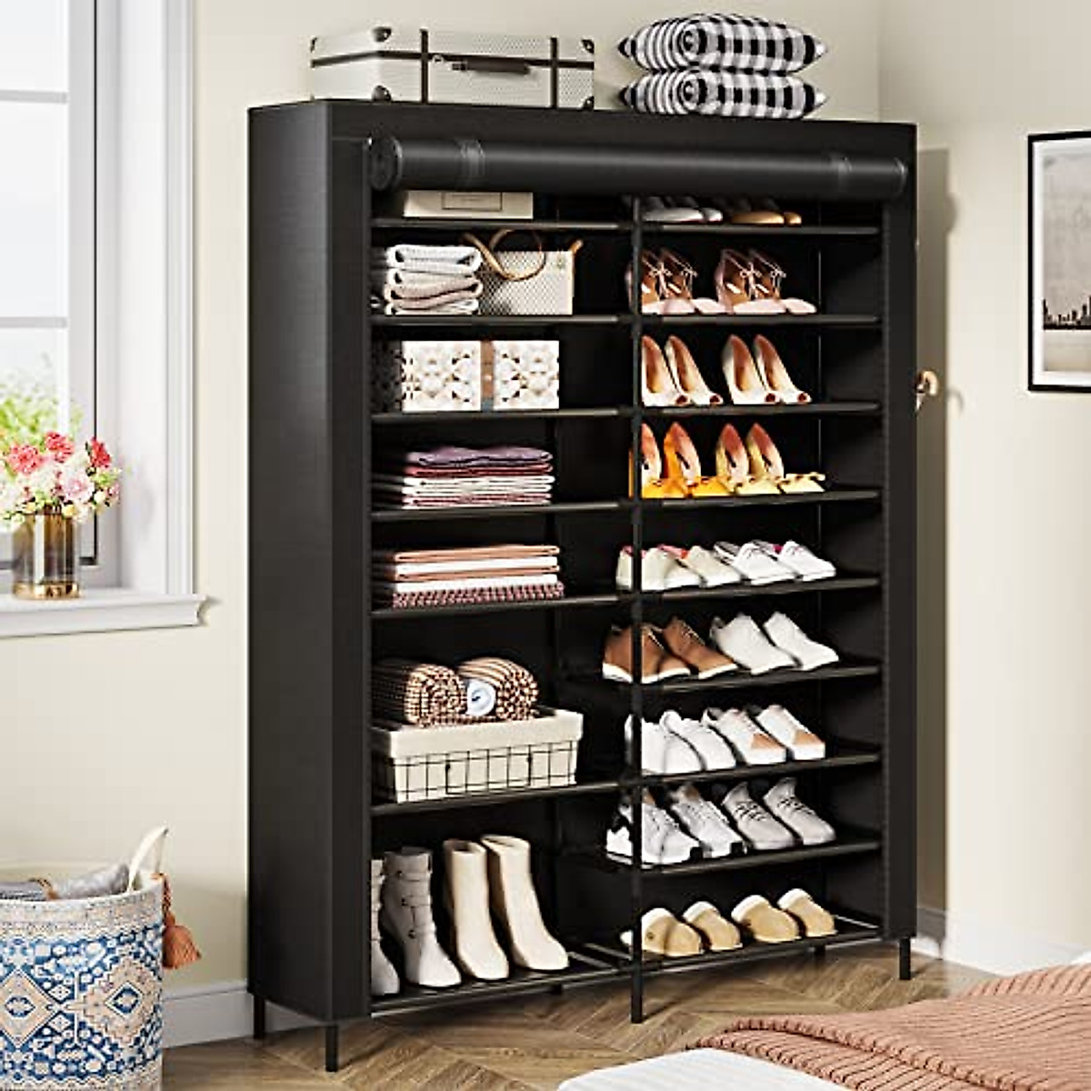 Tribesigns Shoe Rack Organizer Storage for Boot High Heel, 36 Pair 9 Tier Metal Shoes Shelf with Dustproof Nonwoven Fabric Cover for Closet Entryway Garage Bedroom