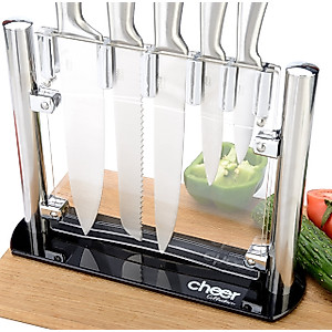 Cheer Collection Stainless Steel Chef Knife Set with Acrylic Stand (6-Piece) Professional Kitchen Utensils - Sharp Serrated and Standard Blades for Mincing, Chopping, Slicing