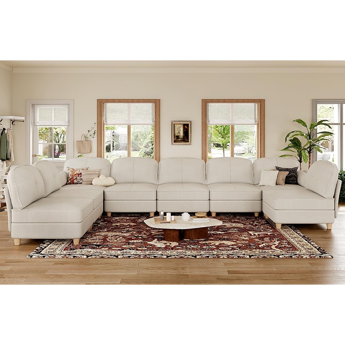 LLappuil Oversized Modular Sectional Fabric Sofa Set, Extra Large L Shaped Couch Reversible Chaise Modular Sectional Couch, 113.5 inch Width,8 Seat Modular Sofa with Storage Ottoman, Linen,Off White
