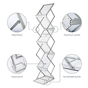 MALKARON Foldable Magazine Rack Brochure Display Stand Holder Catalog Literature Display Rack with Portable Oxford Carrying Bag for Office Trade Show Exhibitions Retail Store (6 Pockets Silver)