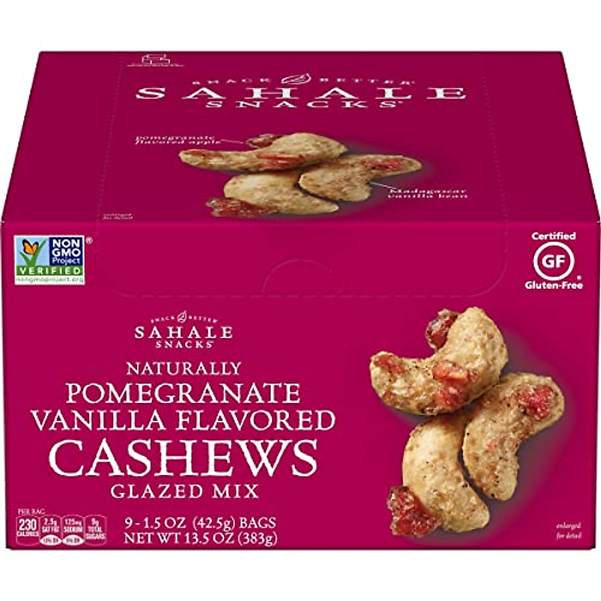 Sahale Snacks Pomegranate Vanilla Cashews, 1.5 oz Bags (18 Packs) - Dry-Roasted Deluxe Mixed Nuts with Pomegranate Infused Apples & Madagascar Vanilla - Non-GMO, Kosher, & Certified Gluten-Free Snacks