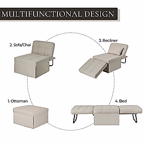 IJIALIFE Chair Bed Sleeper, 4 in 1 Convertible Ottoman Bed, Folding Sleeper Sofa Chair with Adjustable Backrest, No Assembly Required for Apartment, Living Room and Bedroom,Beige