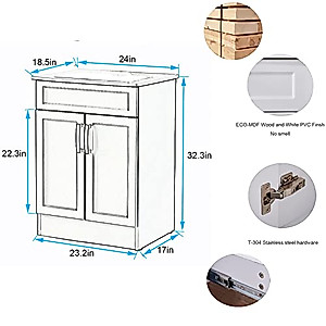 Wenore Home Bathroom Vanity 24 Inch, Small Bath Vanity with Sink, White Modern Sink Cabinet, Wood Standing Bath Vanity Combo with Ceramic Sink and 2 Closing Doors