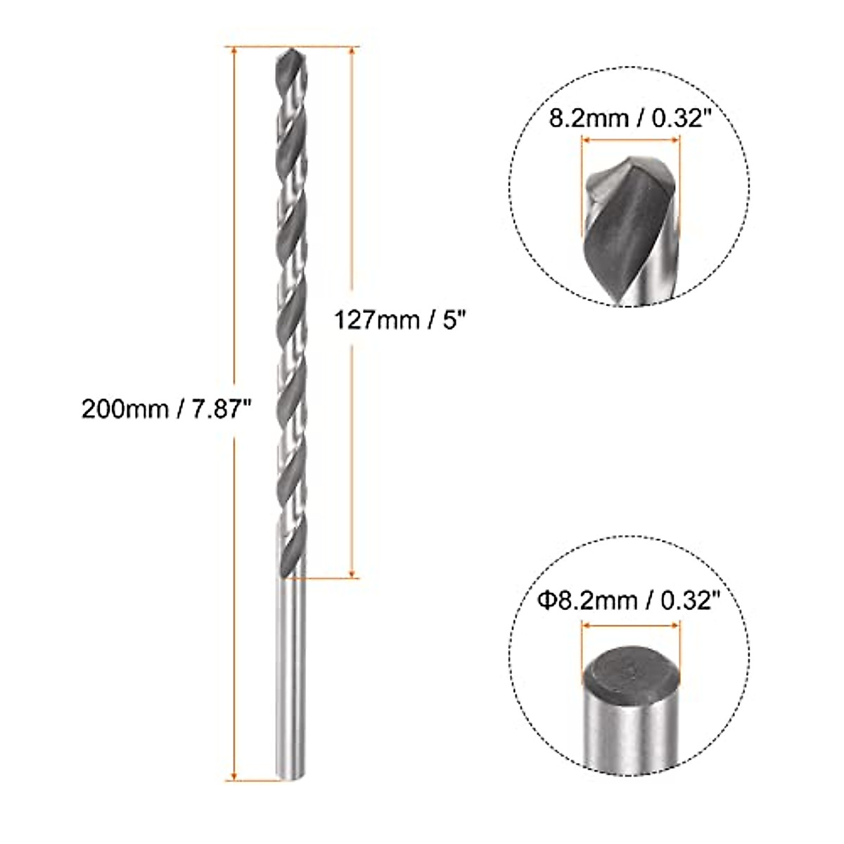 HARFINGTON 6542 High-Speed Steel Twist Drill Bit, 8.2mm Drill Bit 200mm Length Extended Straight Shank Black Oxide Ground Drill Bit for Steel Aluminum Alloy