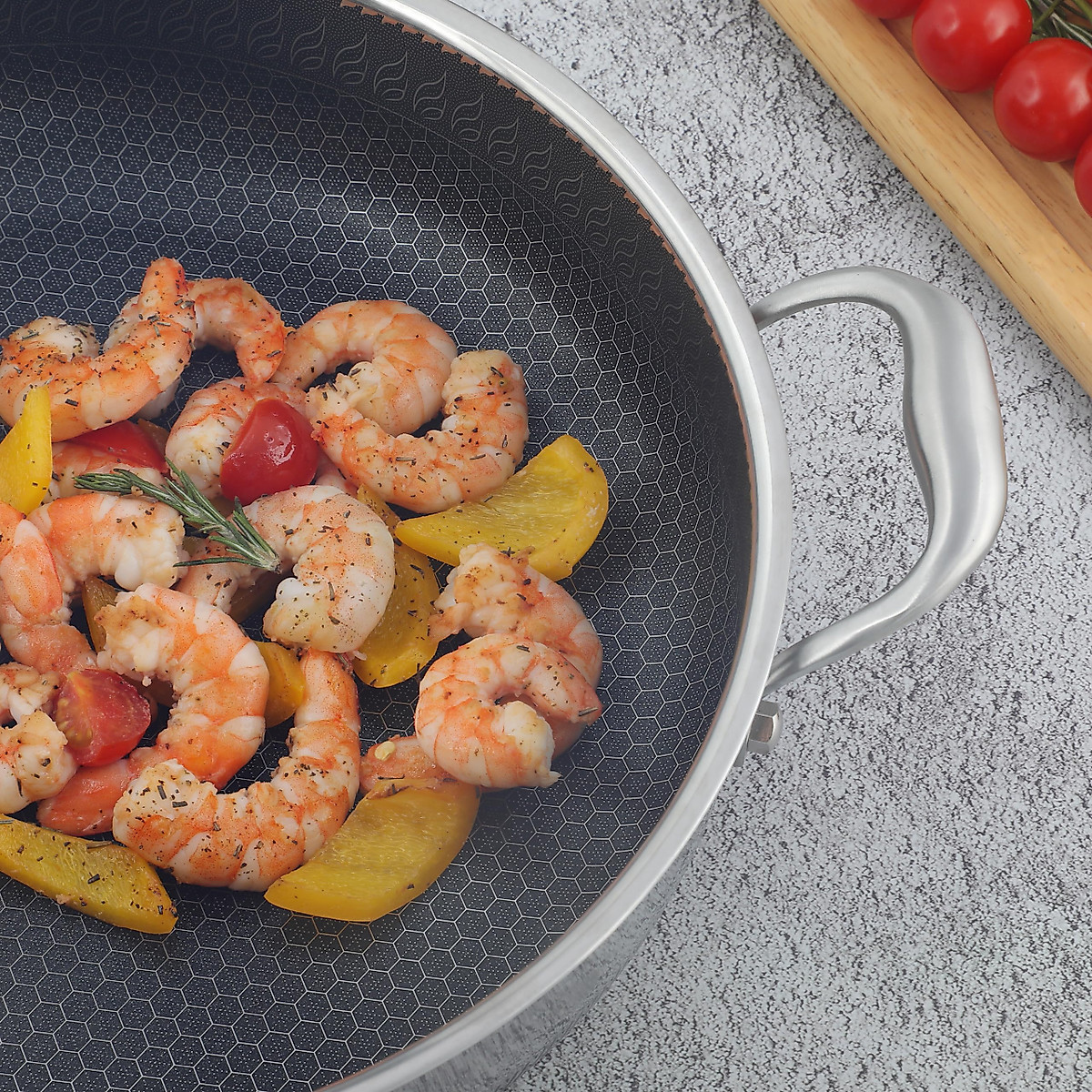 CATHYLIN 316L Stainless Steel 8QT Frying Pan Hex Nonstick Wok with Lid, Two Handle to Hold, PFOA Free, Dishwasher Oven Safe (8QT)