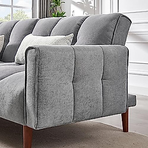 3 in 1 Convertible Linen Upholstered Tufted Futon Sofabed ,81-inch Modern Oversized Functional Loveseat Sofa Convertible Sleeper Couch Bed with Split Backrest ,2 Pillows and Wood Legs for Living Room