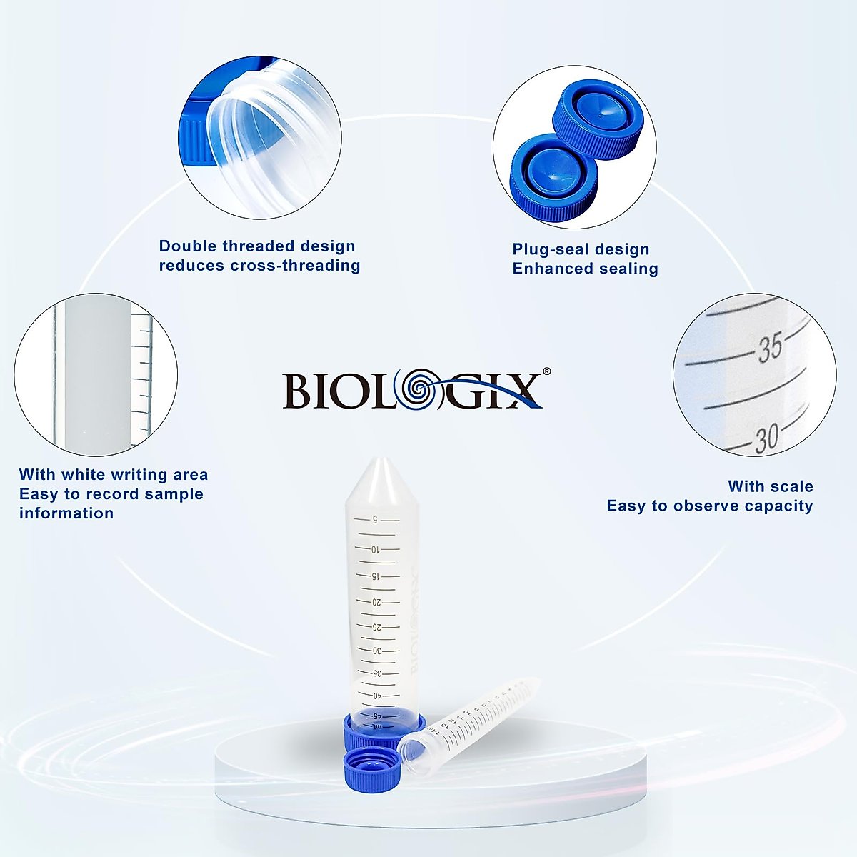 Biologix 50ml Conical Centrifuge Tubes, 25Pcs Sterile Polypropylene Test Tubes with Plug-Seal Screw Caps, Plastic Container with Graduated & Write Area, Rack Package, Non-Pyrogenic, DNase/RNase Free