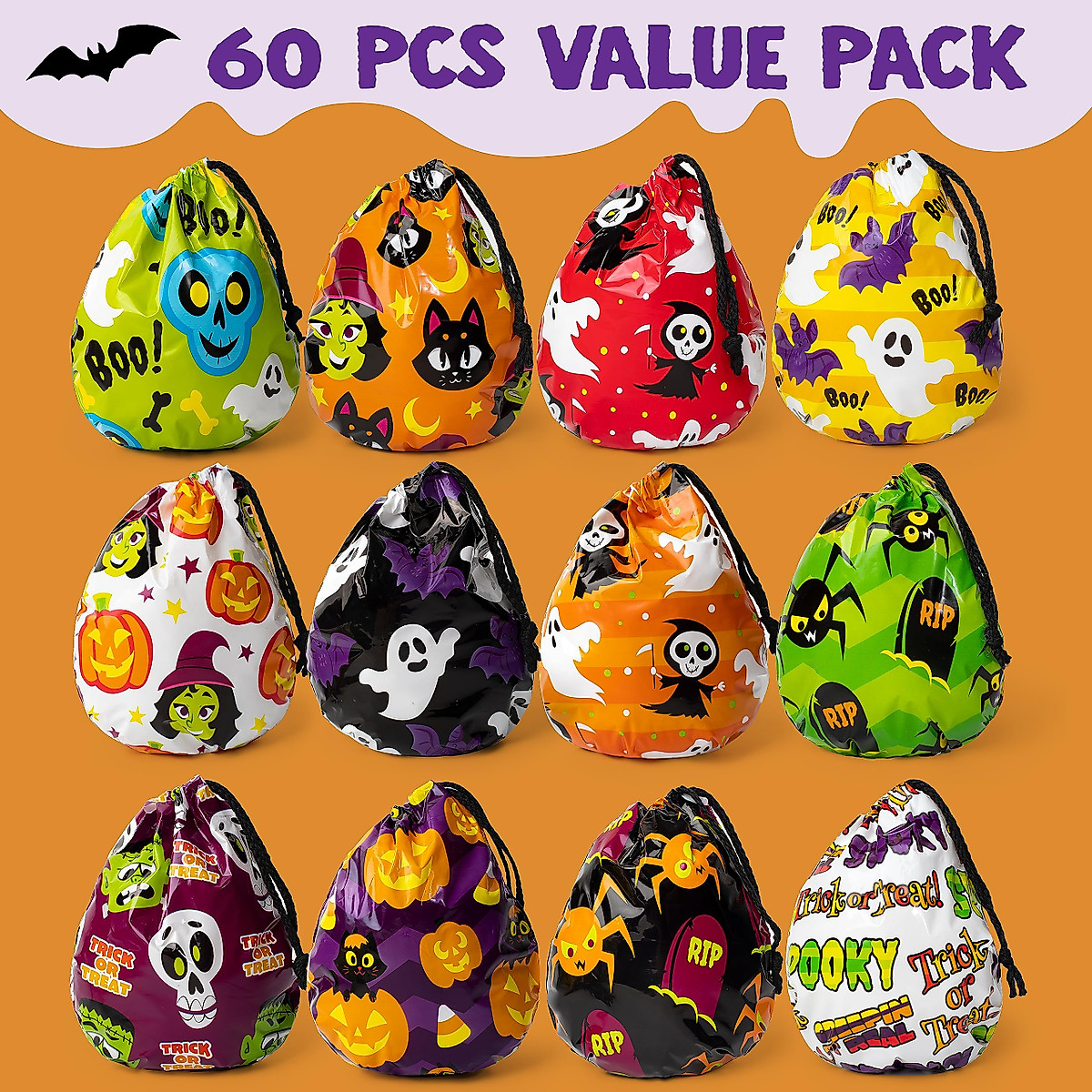JOYIN 60 Halloween Drawstring Goody Treats Bags for Kids Halloween Trick or Treat Party Favor Supplies, Classroom Candy Goodie Bags