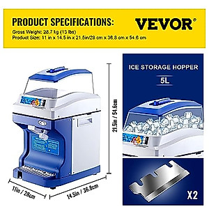 VEVOR 110V Commercial Ice Shaver Crusher 441LBS/H with 11LBS Hopper, 300W Tabletop Electric Snow Cone Maker 320 RPM Rotate Speed Perfect For Parties Events Snack Bar