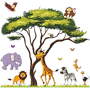 RW-1074 Cartoon Jungle Animal Wall Decals 3D Large Green Tree Wall Stickers DIY Removable Giraffe Lion Elephant Grass Wall Art Decor for Kids Baby Bedroom Living Room Nursery Playroom Home Decoration