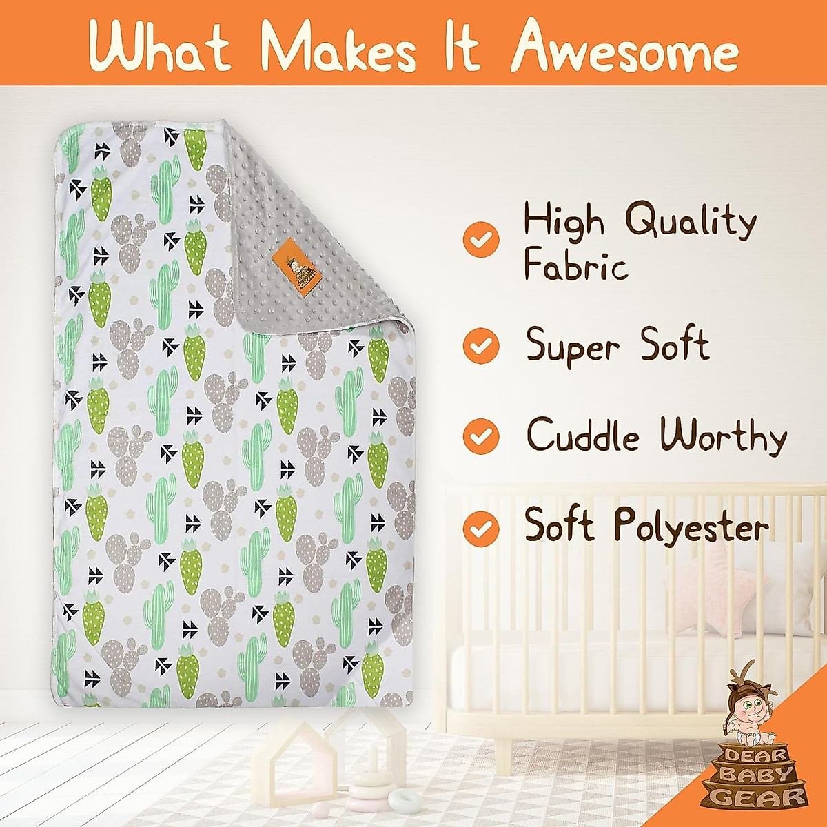 Dear Baby Gear Baby Blankets - Nursery Blankets for Newborn - Crib Bedding - Soft Blanket for Infant - Blanket for Boys & Girls - 40" x 30" (Succulents Cactus Cacti, Light Gray Dot)