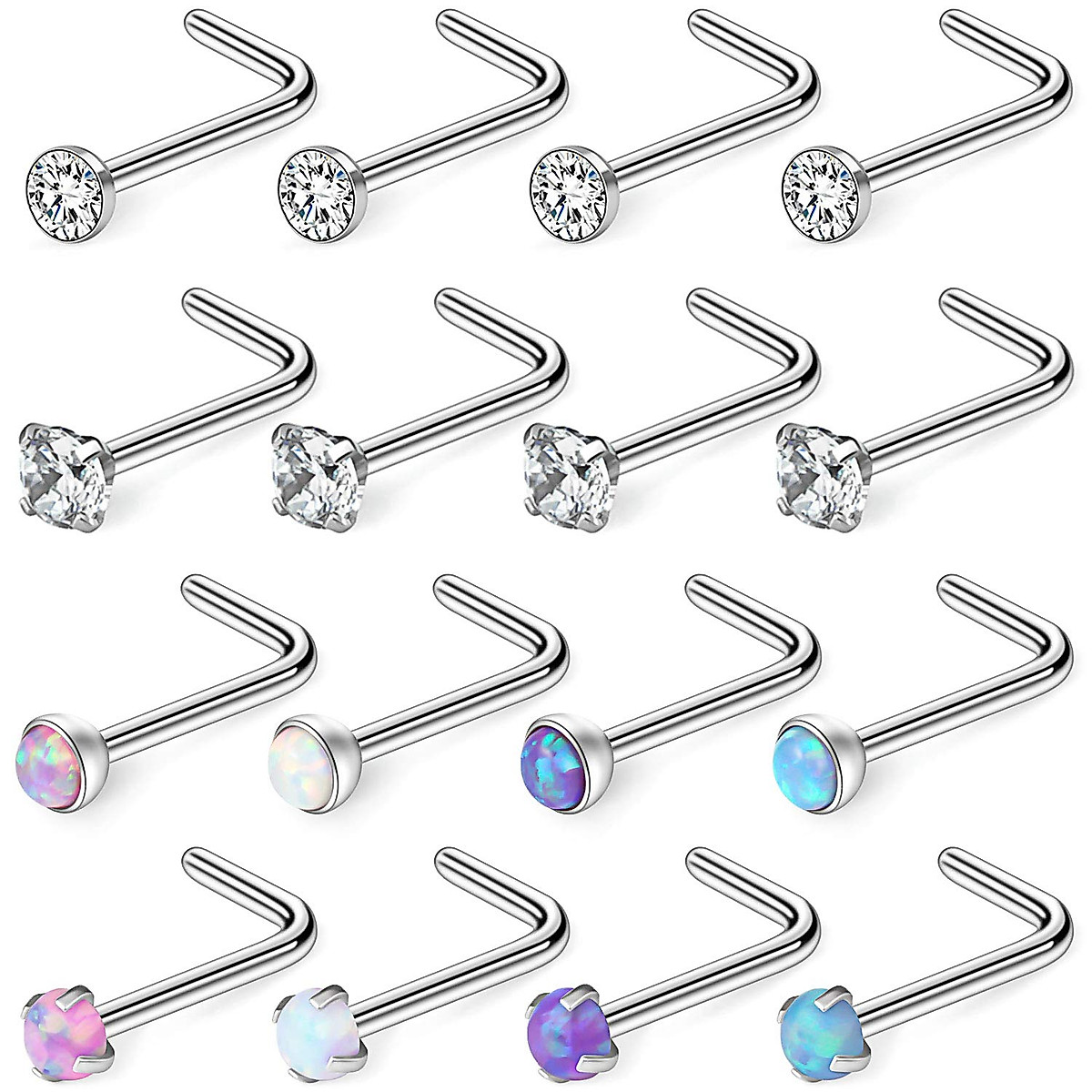 Ruifan 18G 316L Surgical Steel 1.5mm Mix Color Jeweled Opal & Clear CZ Nose L-Shaped Rings Studs Ring Body Piercing Jewelry 16PCS