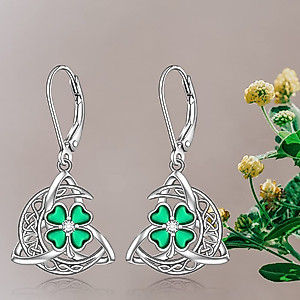 Shamrock Earrings St Patricks Day Earrings for Women Celtic Knot Four Leaf Clover Trinity Irish Leverback Drop Sterling Silver Green Jewelry