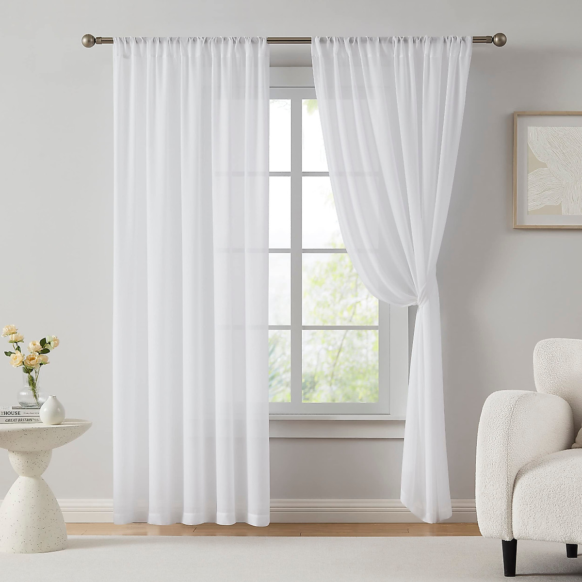 Warm Home Designs 7 Feet Long White Backdrop Curtains. Pair of 52 x 84 Chiffon Backdrop Curtains with 2 Tie-Backs. Perfect as Wedding Backdrop, White Backdrop, or as Chiffon Curtains. WW White 84"
