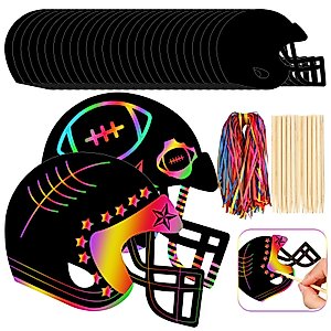 Syhood 64 Pcs Football Scratch Paper Crafts Kit Football Helmet Scratch Cards Ornaments with Wooden Stylus and Ribbons for Adults Crafts Painting Party Supplies