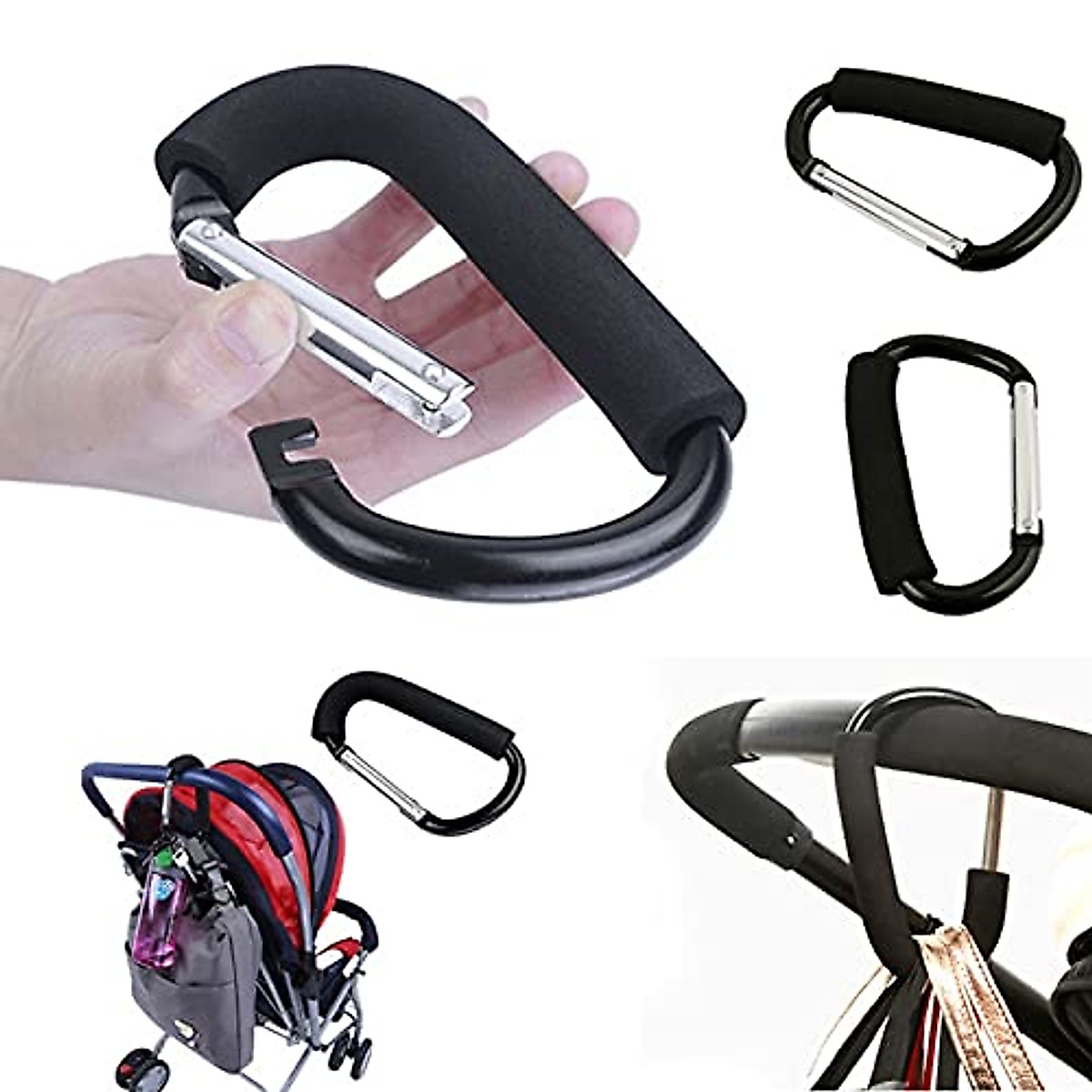 Magnoloran 4 Pack Grocery Bag Shopping Bag Holder Handle Carrier Tool Baby Stroller Hook Stroller Organizer Hook Clips Multi Purpose Snap Hook Carabiner Clip with Cushion Grip, Black & Purple