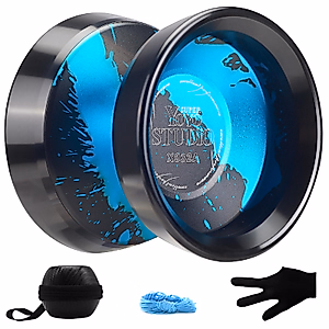 YOYOSTUDIO Yoyo Professional Unresponsive Yoyos with Dual Aluminum Alloy Rings, Pro Tricks Yo yos for Adults, Metal Yoyo for Kids Beginners with Strings, Gloves & Case Black and Blue (Black Ring)