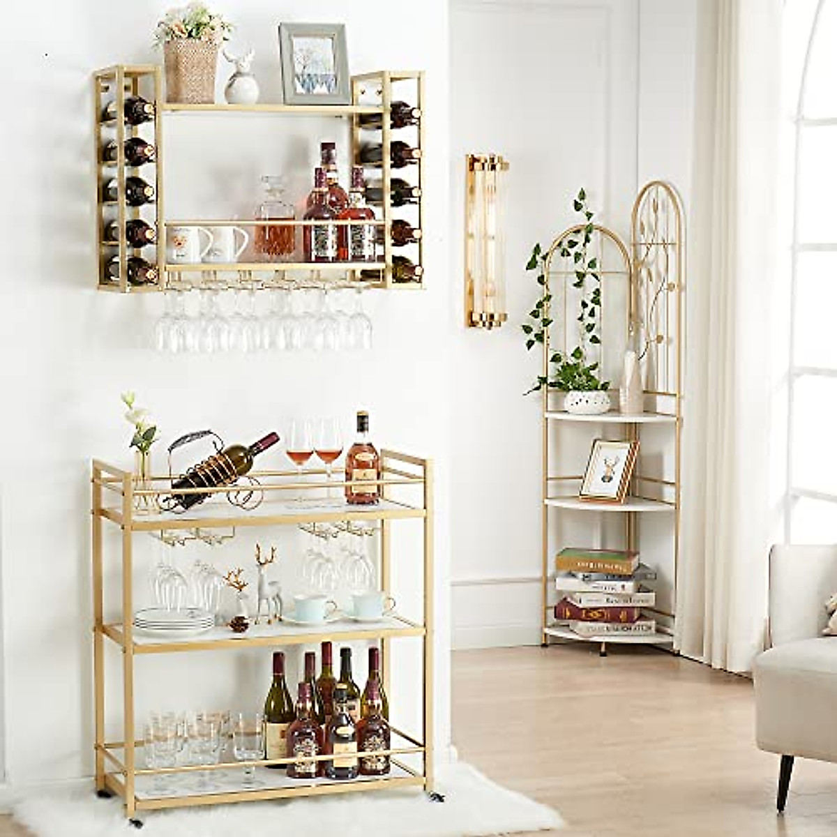 GOLASON Wall Mounted Wine Rack with Glass Holder, Metal Bottle Holder Wine Storage Display Shelf for Home Bar Dining Room Kitchen (31.5 Inch, Faux Marble)