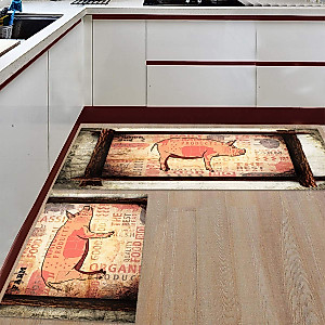 Midetoy 2 Piece Kitchen Rug Set Non Slip Cushioned Floor Mat Vintage Pig Kitchen Rugs Washable Doormat 17.7"X59"+17.7"X29"